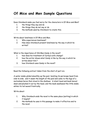 Of Mice and Men by John Steinbeck: worksheet | Teaching Resources