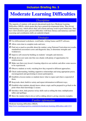 Inclusion briefing: Moderate Learning Difficulties | Teaching Resources Inclusion briefing: Moderate Learning Difficulties | Teaching Resources