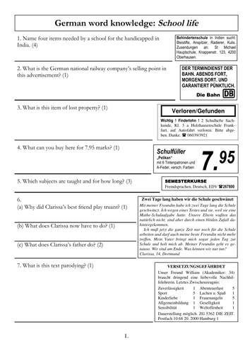 German word knowledge: School life | Teaching Resources