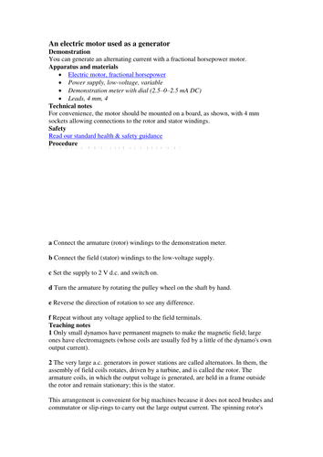 An electric motor used as a generator | Teaching Resources