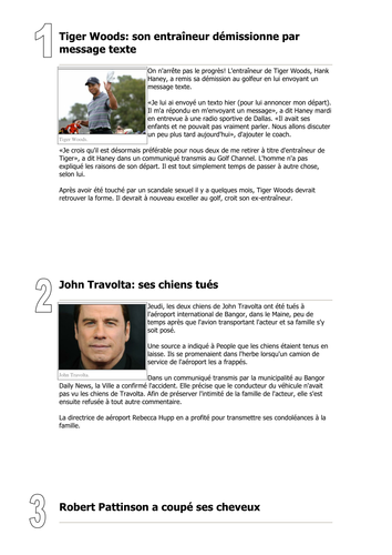 GCSE French reading - celebrity gossip | Teaching Resources