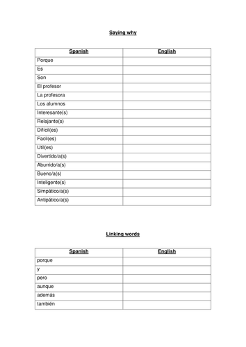 Vocab sheet - subjects, opinions & reasons | Teaching Resources