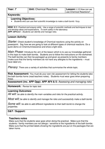Y7 Chemical Reactions L12 - making bath bombs | Teaching Resources