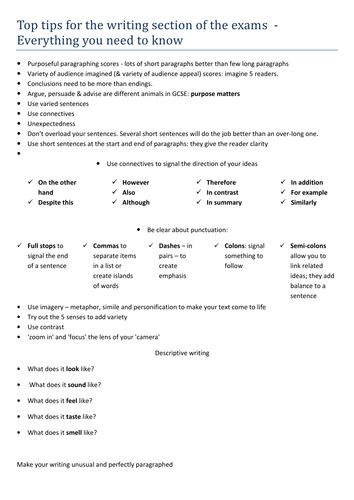 Top Tips for Writing Section of GCSE English Exams | Teaching Resources