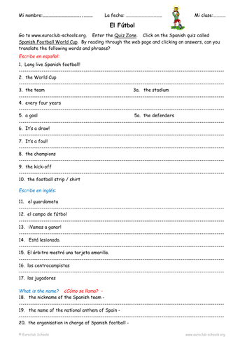 Spanish Football Worksheet + web page | Teaching Resources