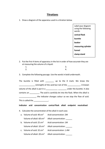 Titrations worksheet and simple calculations | Teaching Resources
