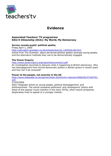 Teachers TV:KS3/4 Citizenship - My World Democracy | Teaching Resources