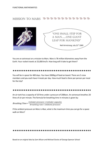 KS3/KS4 Functional Maths - Mission to Mars | Teaching Resources