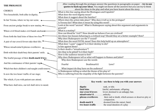 Prologue Activity Langauge Focus: Romeo and Juliet | Teaching Resources