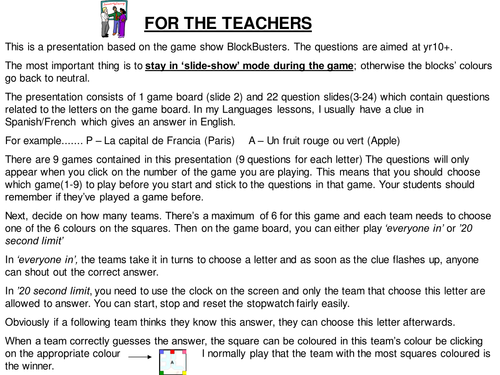 Blockbusters Template By Vandersar Teaching Resources Tes