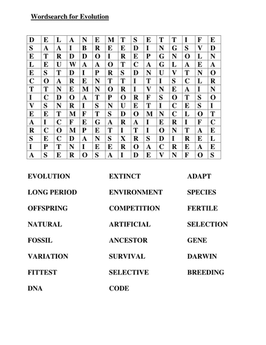wordsearch for keywords connected to evolution | Teaching Resources