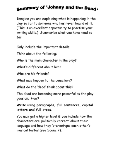 Summary focus for the novel Johnny and the dead | Teaching Resources