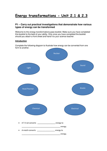 Unit 2.1 - 2.2 - Energy transformations | Teaching Resources