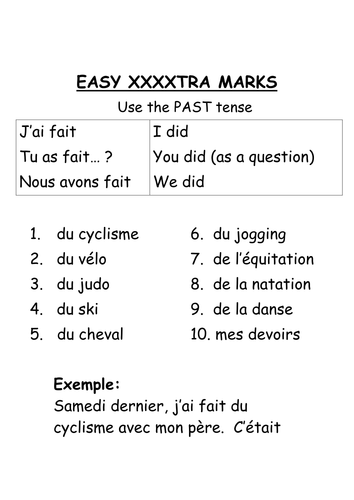French easy xxxtra marks past tense j'ai fait | Teaching Resources