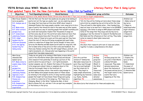 Song lyrics Weeks 6 - 8 | Teaching Resources