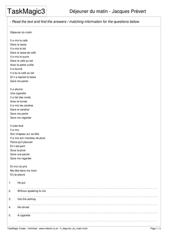 Déjeuner du matin - Jacques Prévert | Teaching Resources