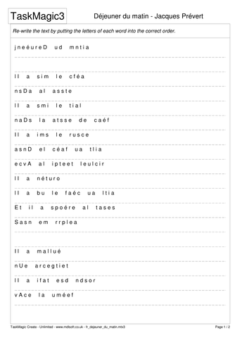 Déjeuner du matin - Jacques Prévert | Teaching Resources