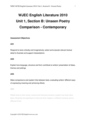 WJEC GCSE English Lit 2010 - Unseen Poetry 3 | Teaching Resources