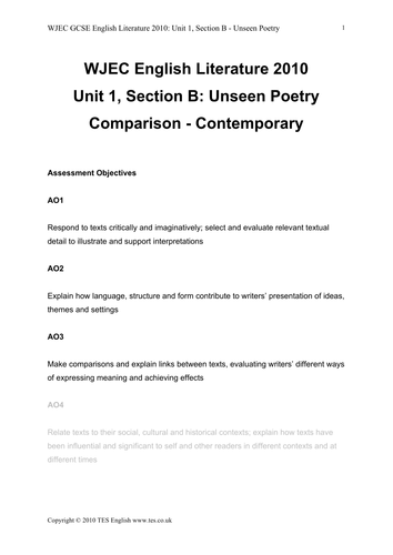 WJEC GCSE English Lit 2010 - Unseen Poetry 3 | Teaching Resources