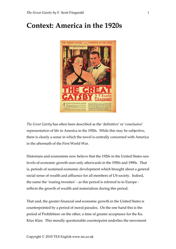 The Great Gatsby: Context - America in the 1920s | Teaching Resources