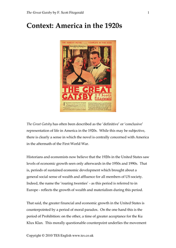 The Great Gatsby: Context - America in the 1920s | Teaching Resources