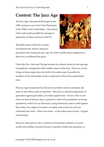 The Great Gatsby: Context - The Jazz Age | Teaching Resources