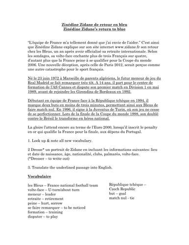Higher French Reading Zidane | Teaching Resources