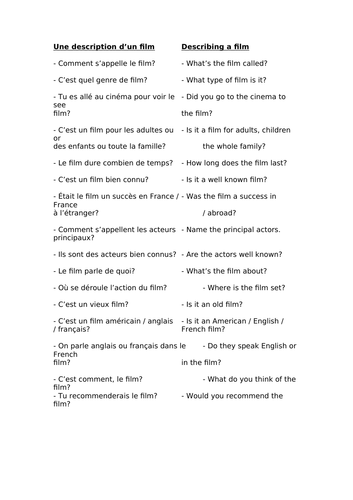Describing a Film - Qs in French and English | Teaching Resources