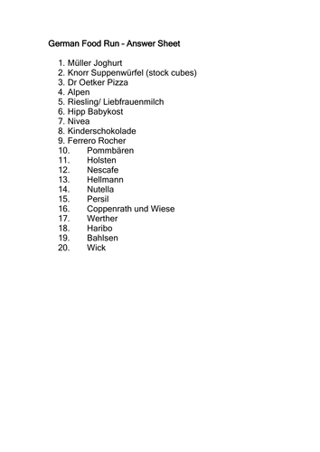 German Food Run | Teaching Resources