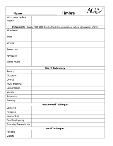 AQA GCSE 'Timbre' Pupil Worksheet | Teaching Resources
