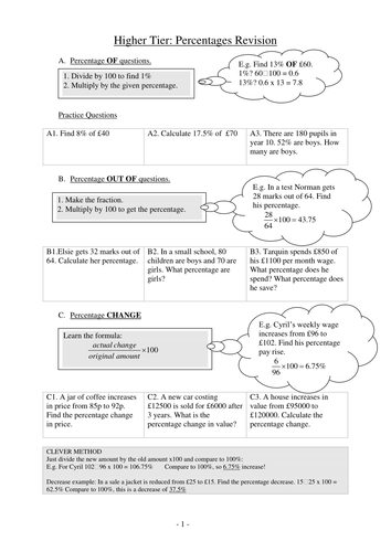 GCSE Percentages - Revision Sheet - Higher | Teaching Resources GCSE Percentages - Revision Sheet - Higher | Teaching Resources