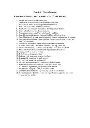 Cloze test on verbs and pronouns | Teaching Resources
