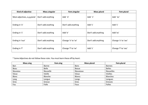 Adjectival Agreement Grid | Teaching Resources