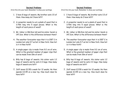 problem solving with decimals worksheets