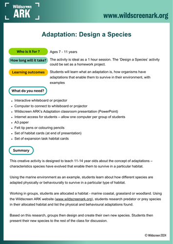 Wildscreen ARK's Adaptation - Design a Species Activity | Teaching ...