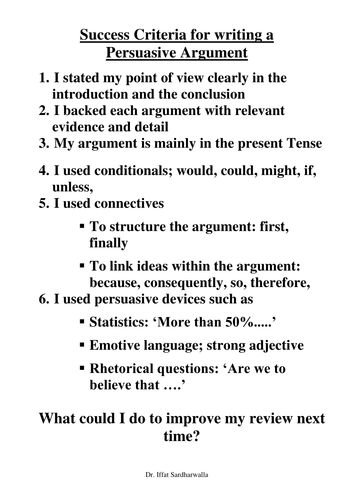 Success Criteria for Letters, Arguments & Summary | Teaching Resources