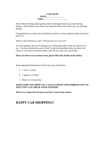 Buying My First Car Percentage Project Worksheets | Teaching Resources