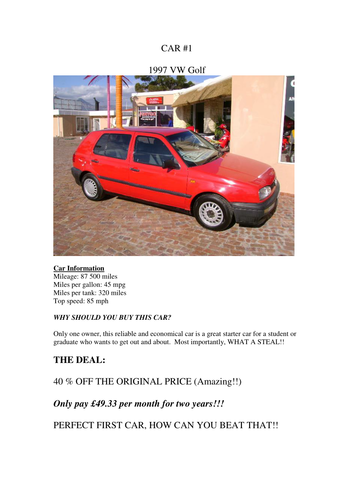 Buying My First Car Percentage Project Worksheets | Teaching Resources