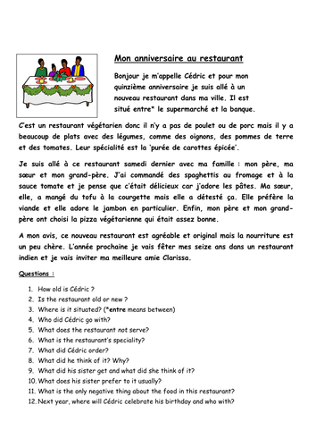 GCSE READING - EATING OUT / AT THE RESTAURANT | Teaching Resources