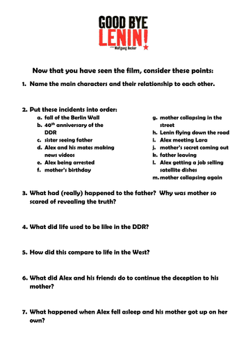 Goodbye Lenin worksheet | Teaching Resources