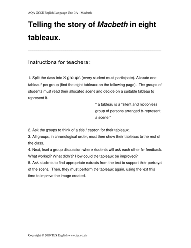 Macbeth Controlled Assessment - Tableaux Activity | Teaching Resources