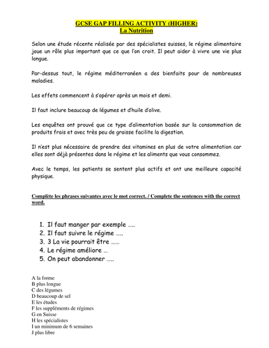 REVISION SHEET - HEALTHY EATING | Teaching Resources