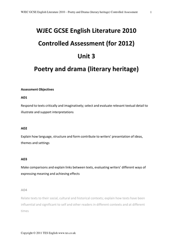 WJEC GCSE: Poetry & Drama Controlled Assessment | Teaching Resources