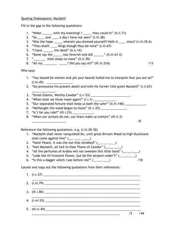 Macbeth: Quoting Shakespeare Activities Worksheet | Teaching Resources