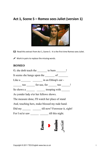 Romeo and Juliet - Worksheets for Act 1, Scene 5 | Teaching Resources