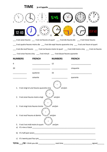 TEST - telling the time in French | Teaching Resources