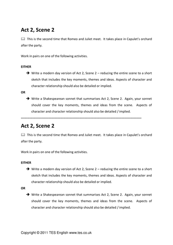 Romeo and Juliet: Re-Writing Act 2, Scene 2 | Teaching Resources