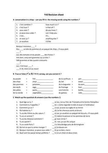 Yr8 French revision worksheet | Teaching Resources