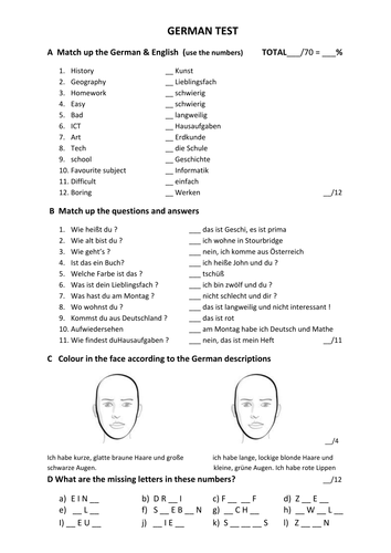 German vocab test for Yr7 | Teaching Resources