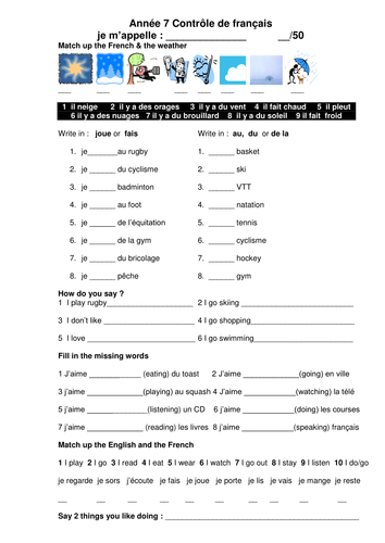 Yr7 French revision sheet & test | Teaching Resources